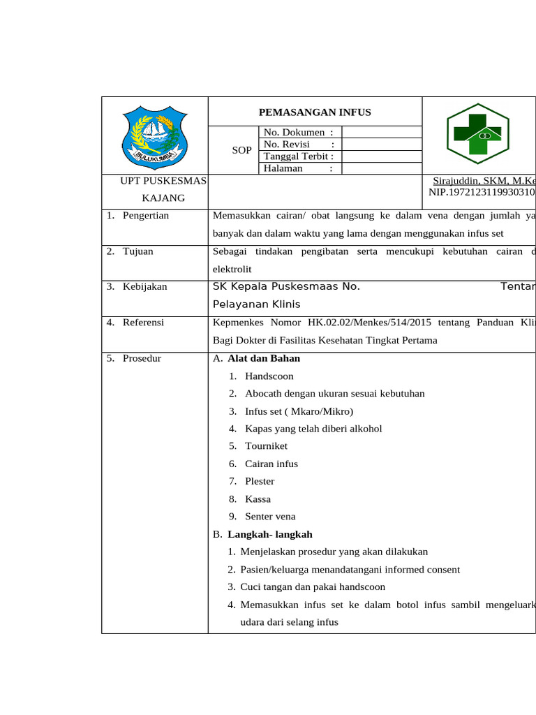 SOP Pemasangan Infus ILP | PDF