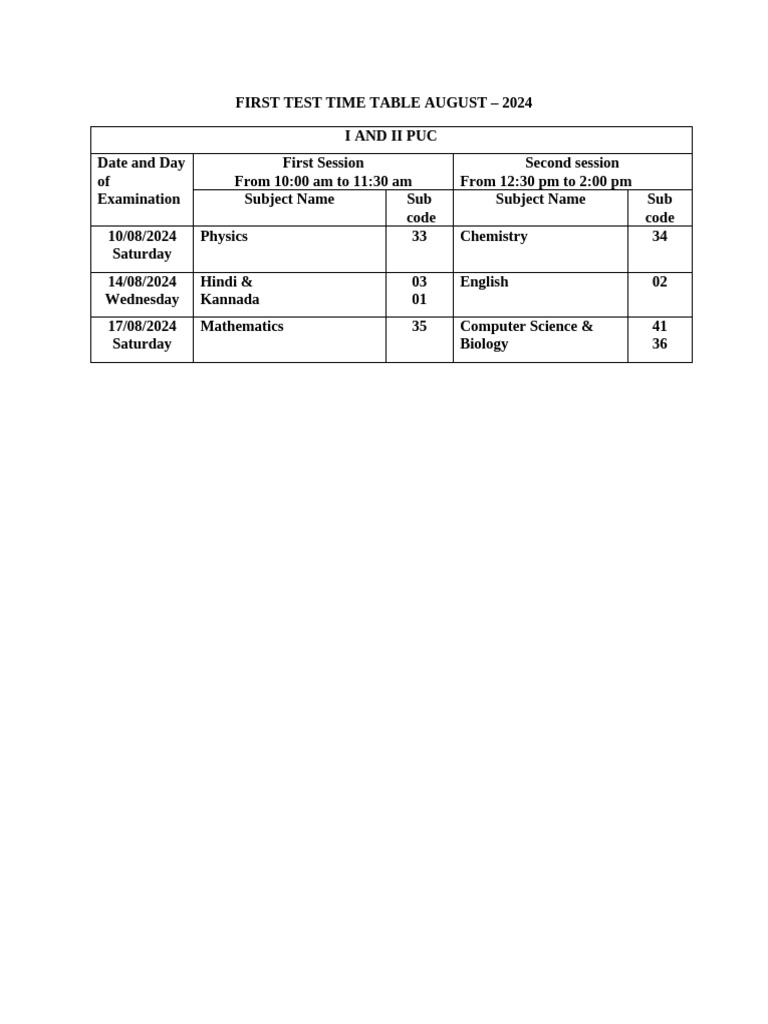 I & II PUC August 2024 Exam Schedule | PDF