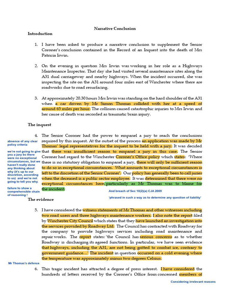 WS2 Narrative Conclusion | PDF | Coroner | Common Law