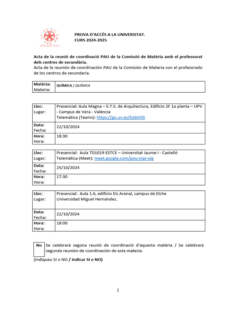 QUIM Acta Octubre 2024 PAU 2025 | PDF | Amoníaco | Solubilidad
