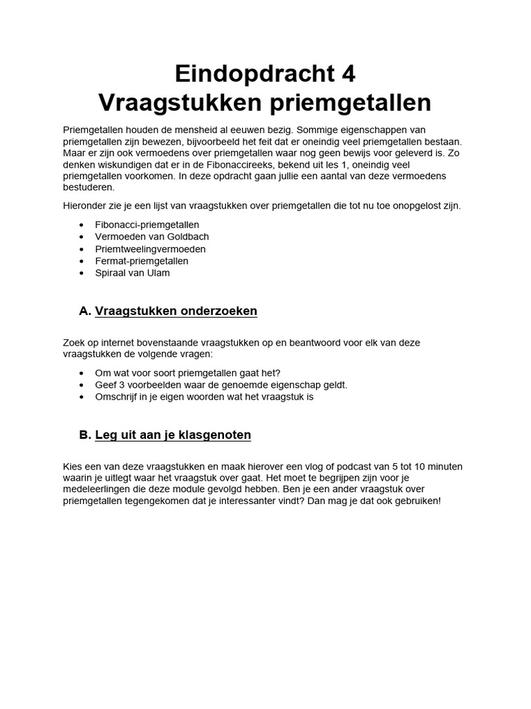 Eindopdracht 4 Priemgetallen Wiskunde | PDF