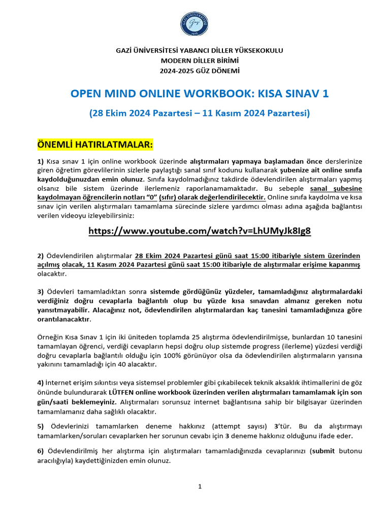 EK 1 OPEN MIND - Kisa Sinav 1 Ogrenci Kilavuzu | PDF