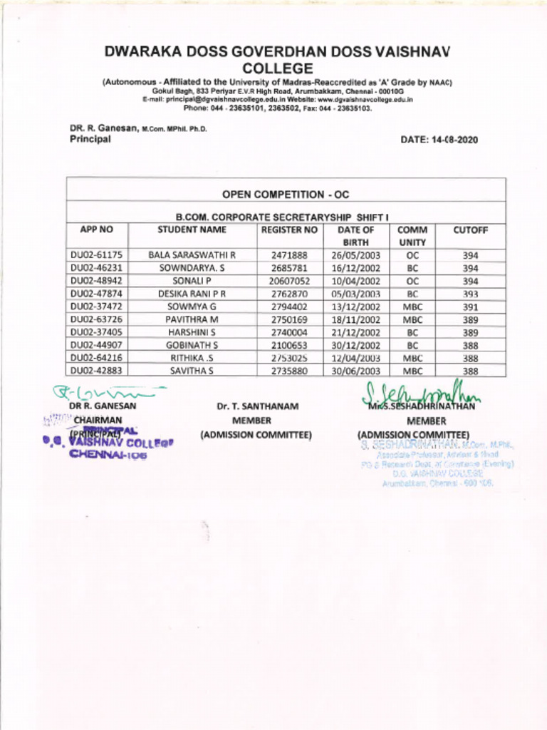 Merit List Bcom Cs Bcom G 14082020 | PDF