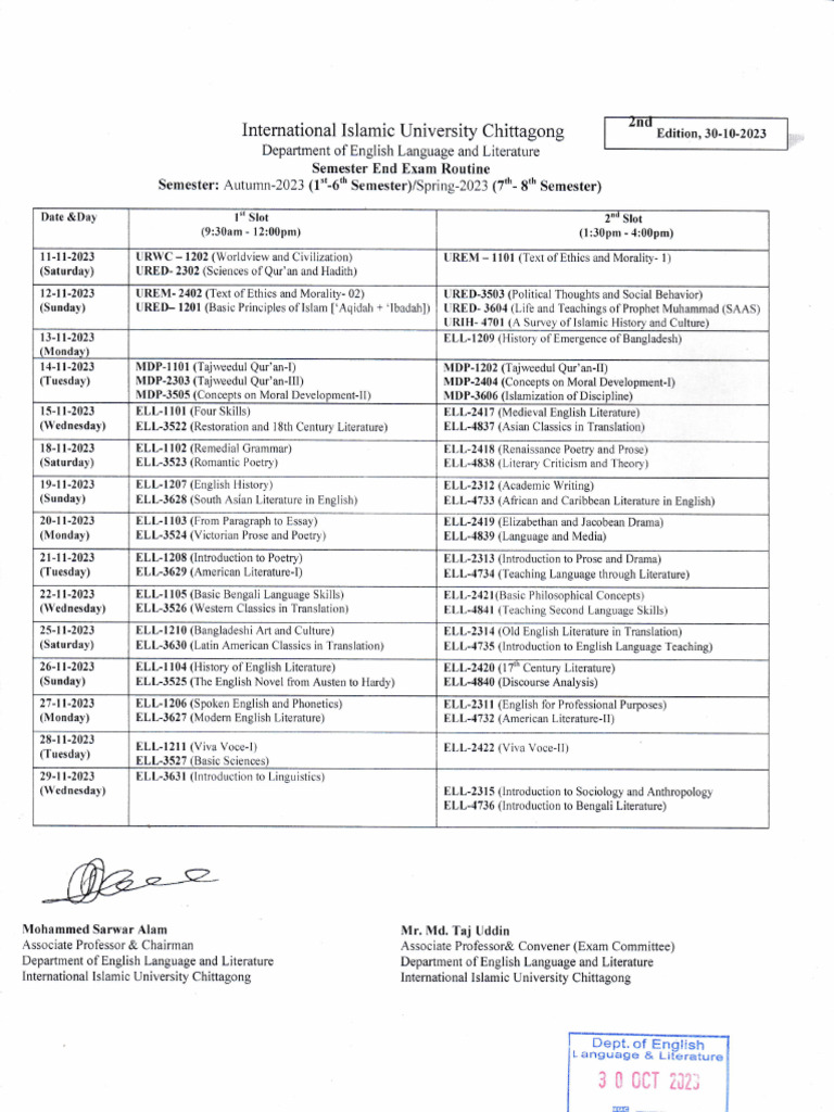 Final Exam Routine Au-Sp23 (30.10.23) | PDF | English Literature