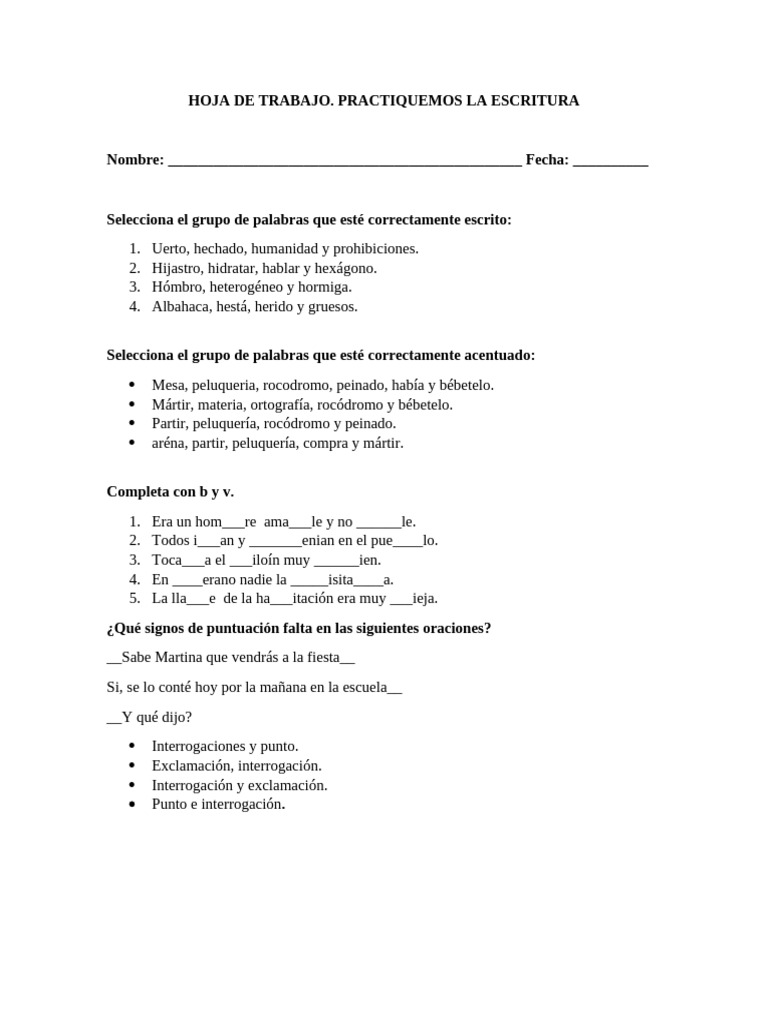 +hoja de Trabajo Escritura | PDF