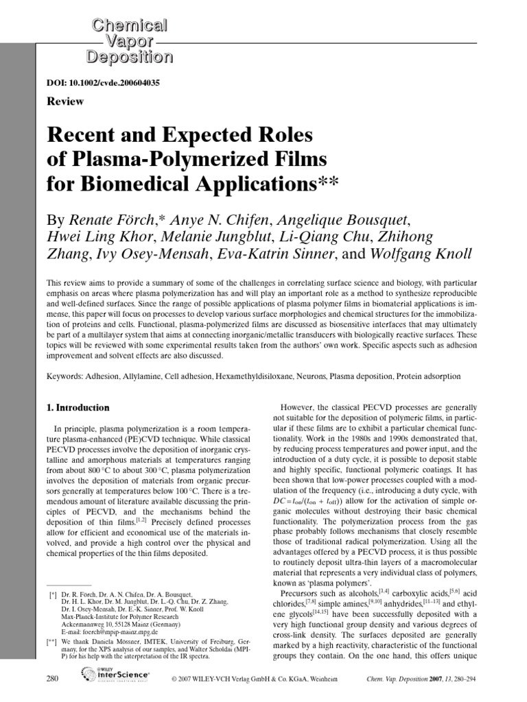Recent and Expected Roles of Plasma-Polymerized Films For Biomedical ...