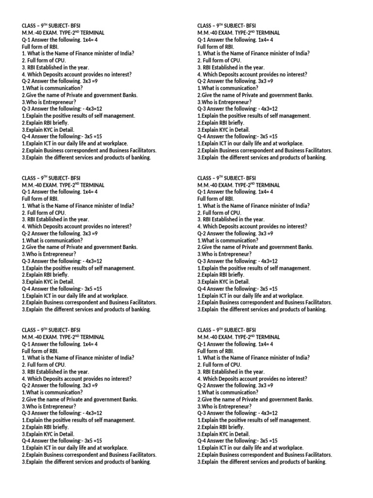 Questions Paper Banking | PDF | Financial Services Companies | Economy ...
