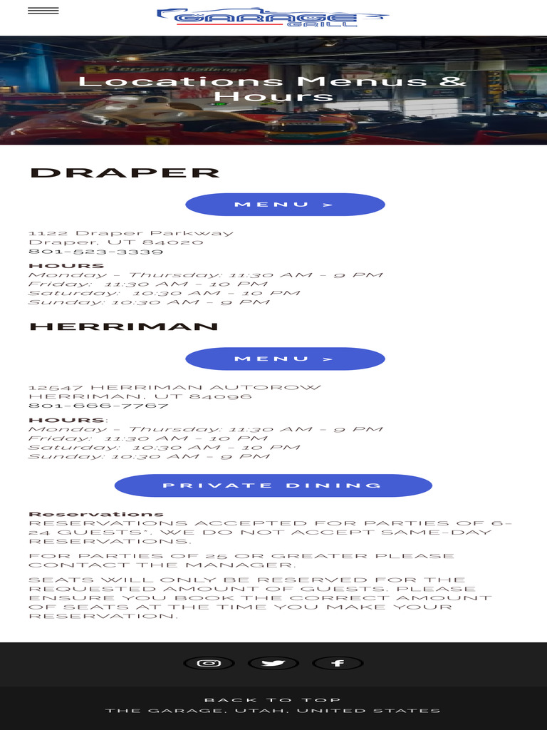 Locations Menus & Hours - The Garage Grill Restaurant, Serving Draper & Herriman | PDF