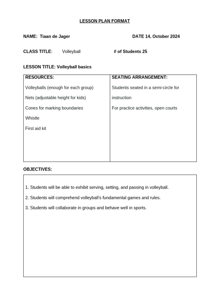 Lesson Plan Volleyball Final | PDF | Volleyball | Cognition