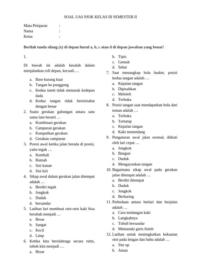 Soal Uas Pjok Kelas III Semester II | PDF
