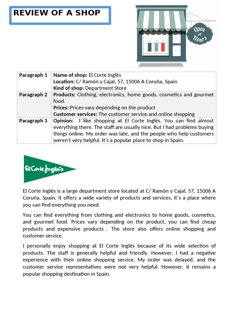 REVIEW OF A SHOP Corte Ingles | PDF