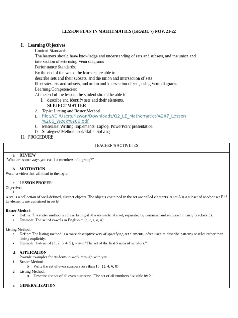 Q2 Week2 Day1 Nov. 21-22 | PDF | Set (Mathematics) | Learning