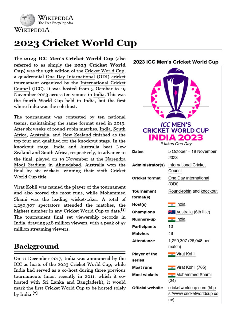 2023 Cricket World Cup Recap | PDF | International Cricket Competitions ...