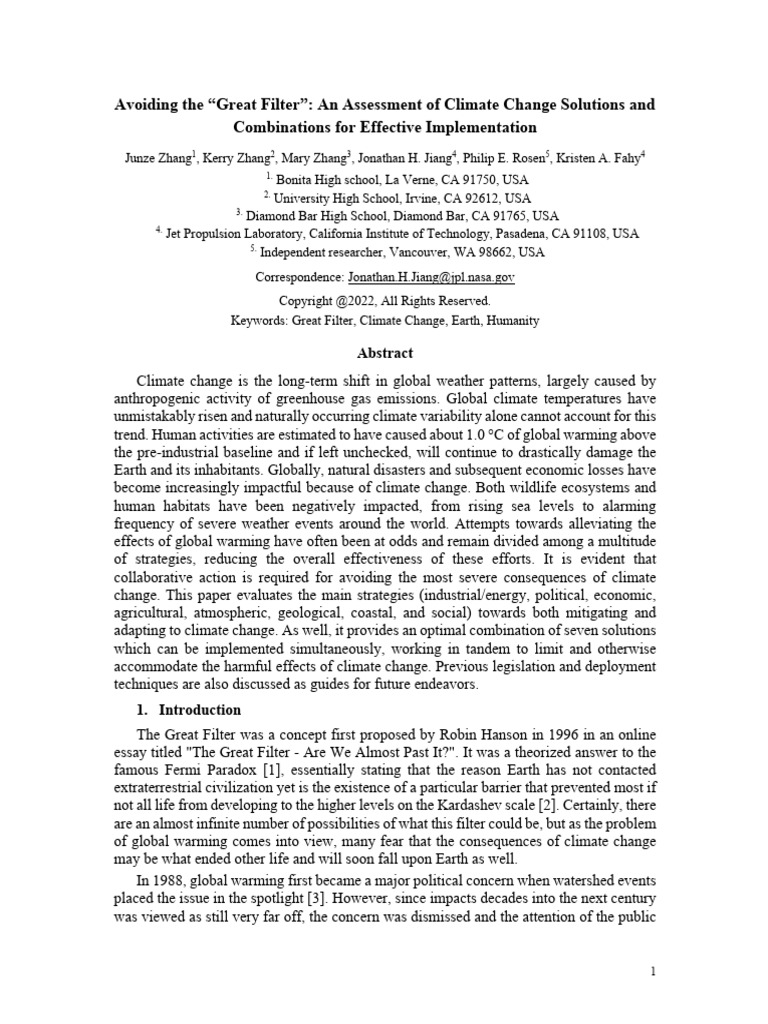 Avoiding The "Great Filter": An Assessment of Climate Change Solutions and Combinations For ...