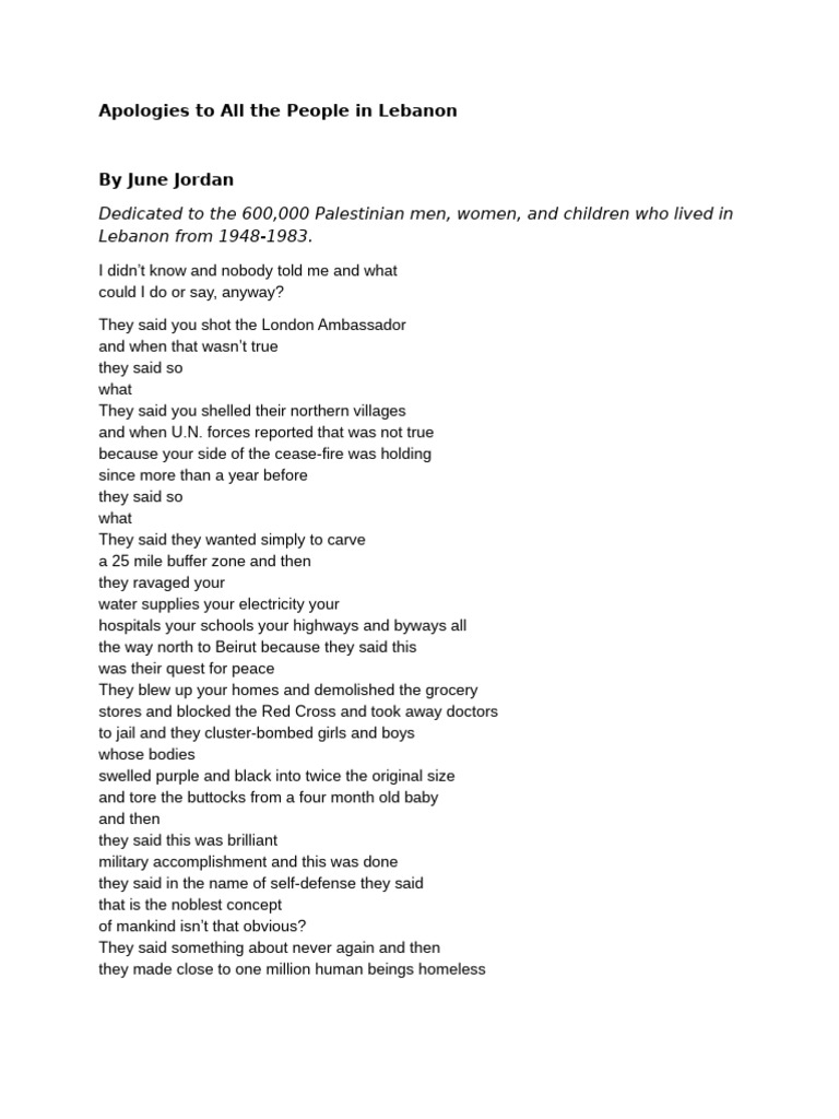 June Jordan Poems About Lebanon and Palestine | PDF | Palestinians | Israel