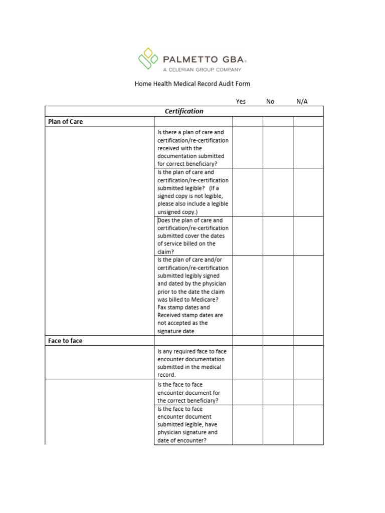 Home Health Medical Record Audit Form | PDF | Physician | Medical Record