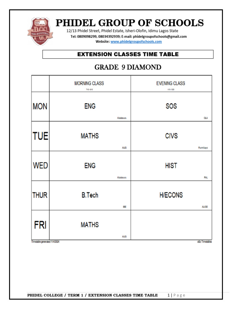 Phidel College Extension Schedule | PDF