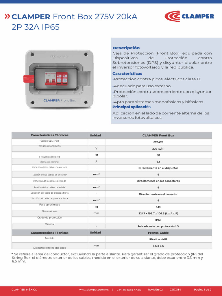 CLAMPER Front Box 275V 20ka 2P 32A IP65 | PDF | Aislador (Electricidad) | Ingenieria Eléctrica