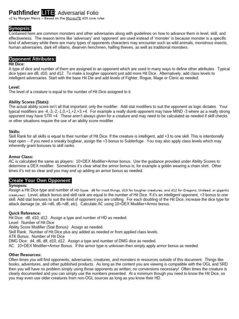 PathfinderLITE CORE - Adversarial Folio | PDF | Claw