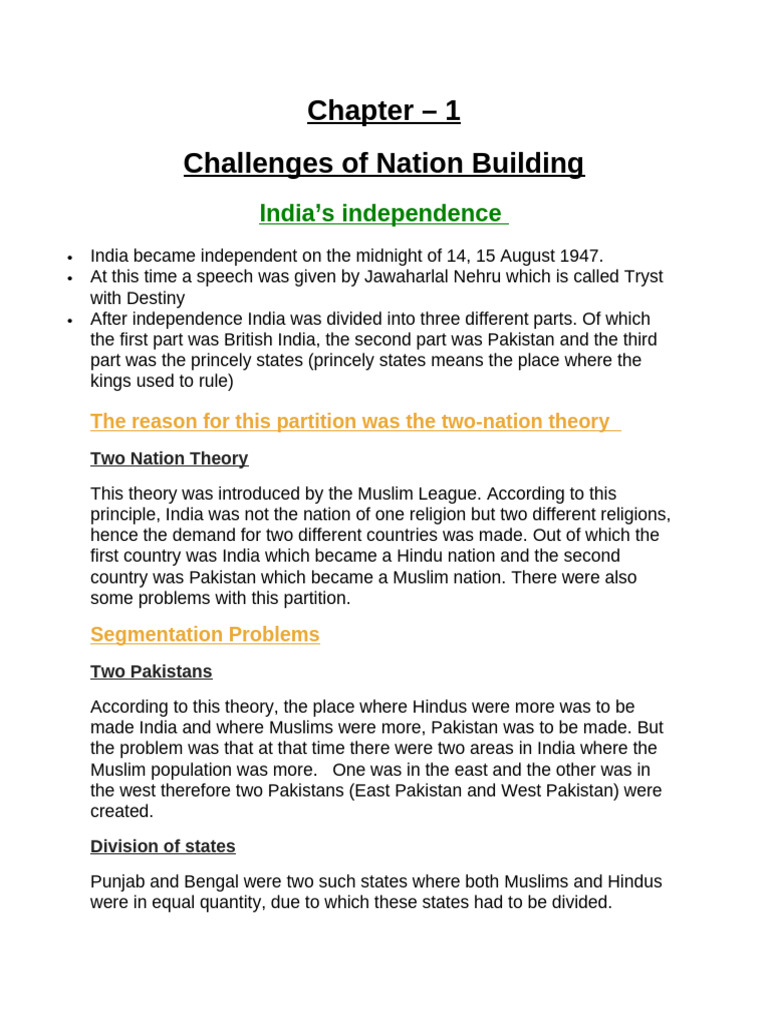 Challenges of Nation Building | PDF | Partition Of India | Two Nation ...