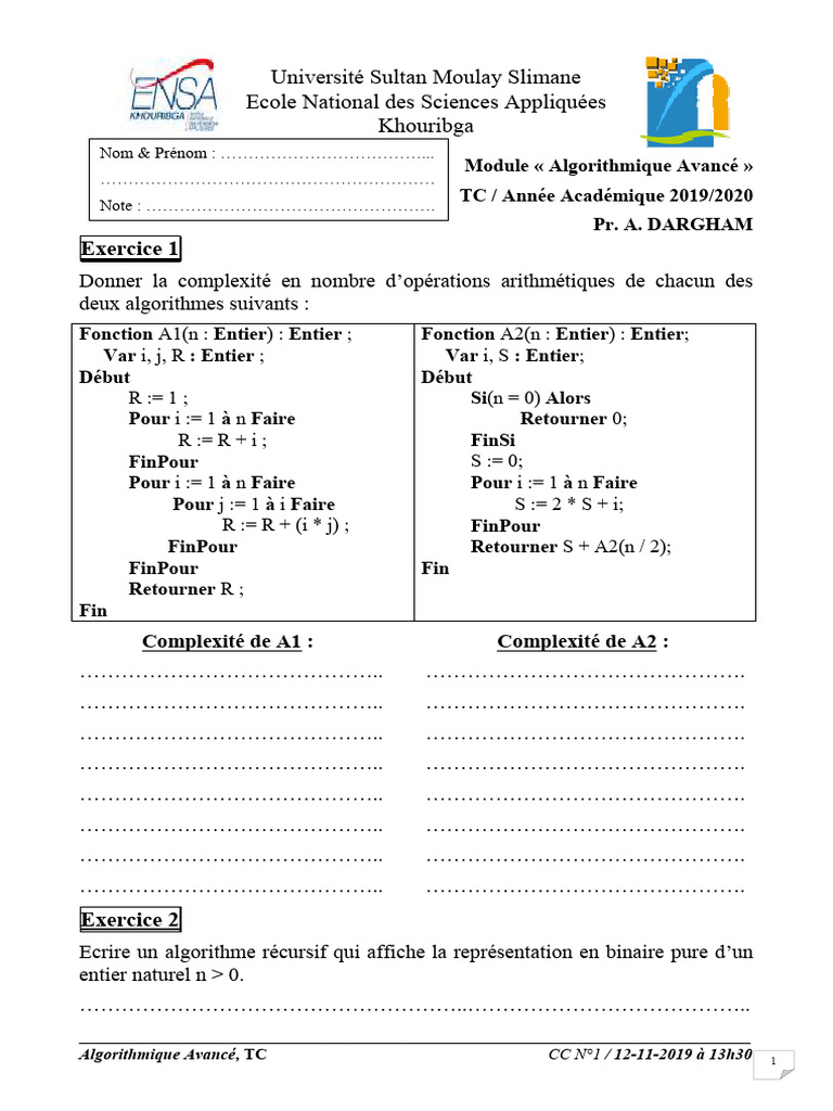 CC1 TC Algo Avancã© 19-20 | PDF