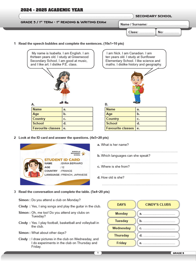 Grade 5 Reading & Writing Exam | PDF