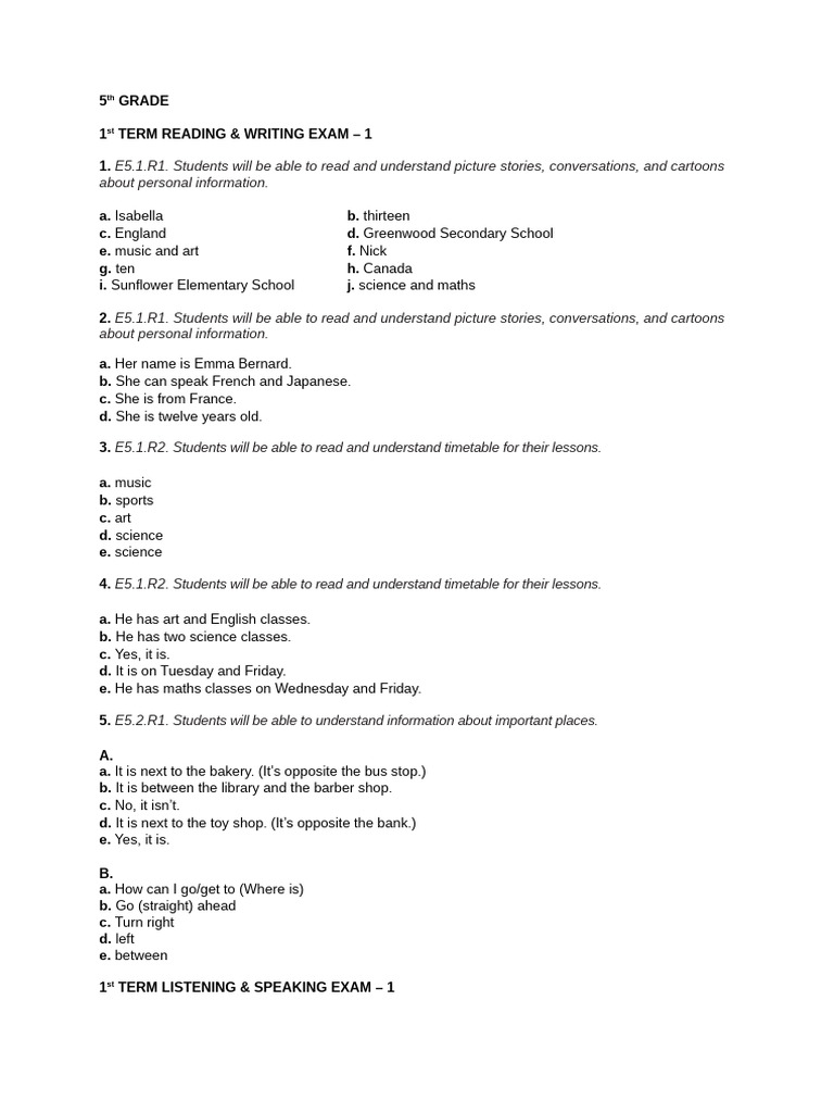 Grade 5 Term 1 Exam 1 Answer Key | PDF