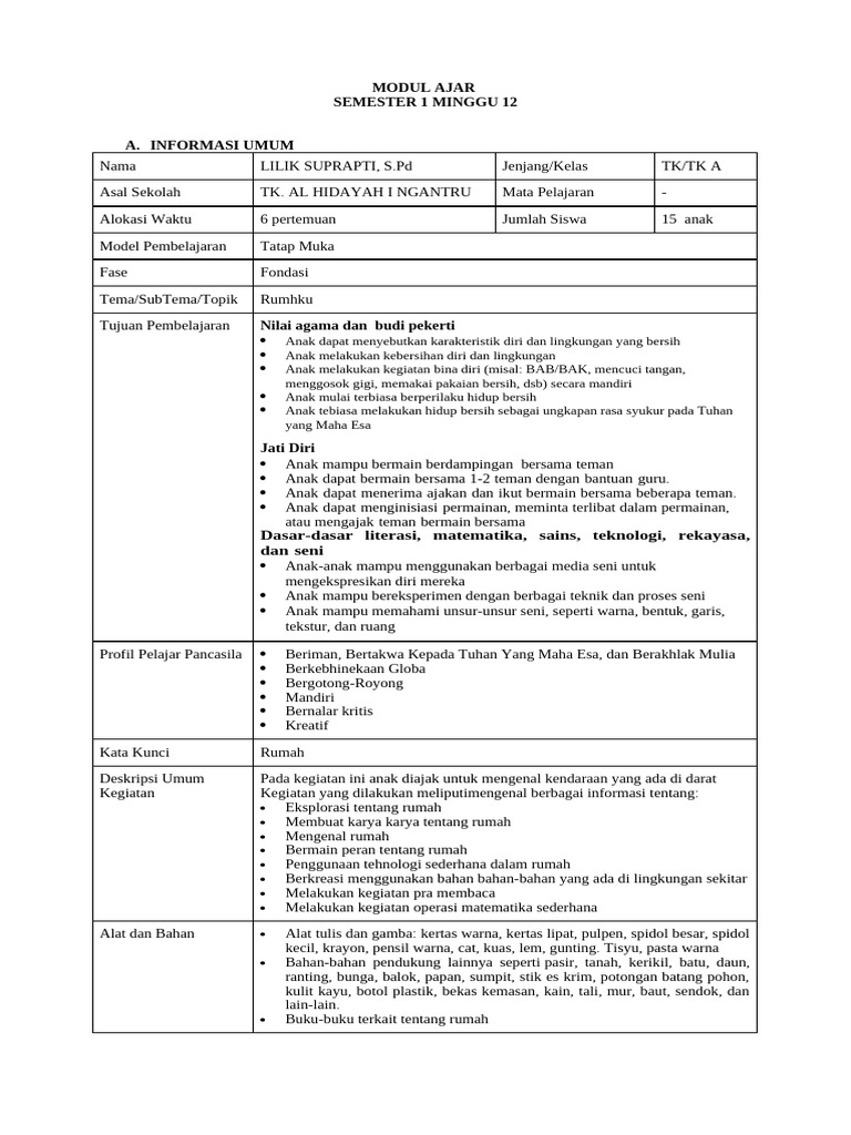 Modul Ajar Tema Rumahku untuk TK | PDF