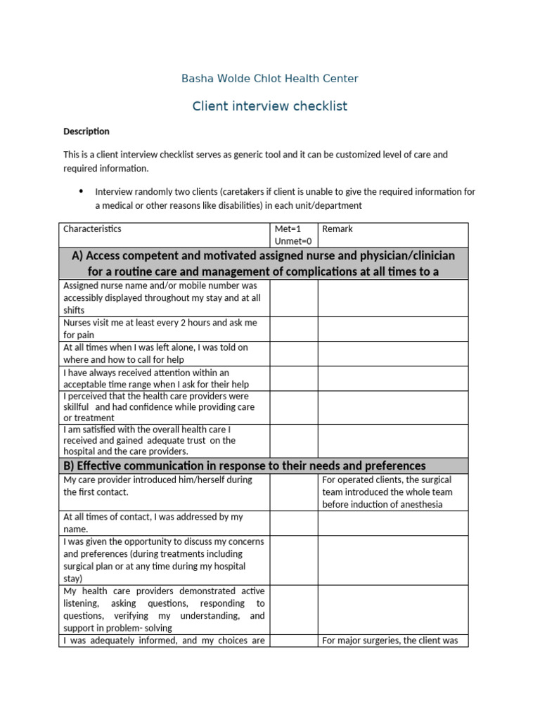 Client Interview Checklist | PDF | Patient | Hospital
