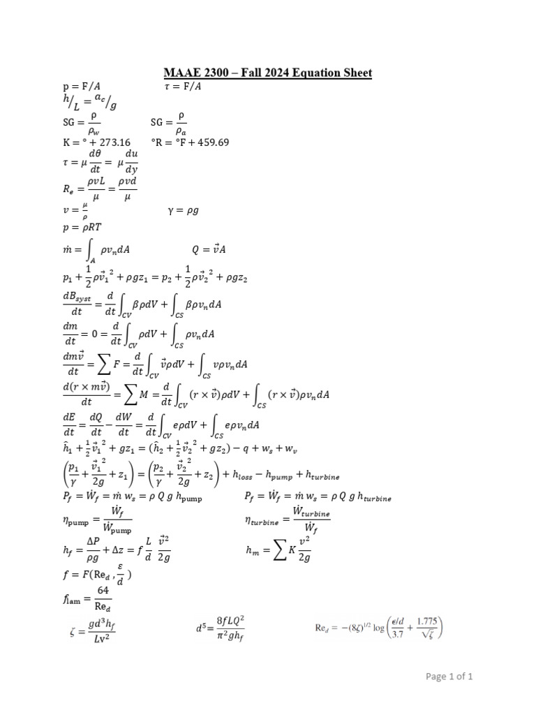 Equation Sheet 1 | PDF