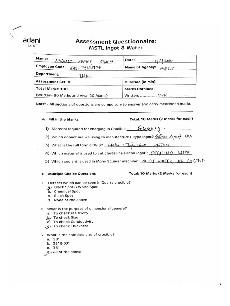 Exam Questions of Ingot and Wafer | PDF
