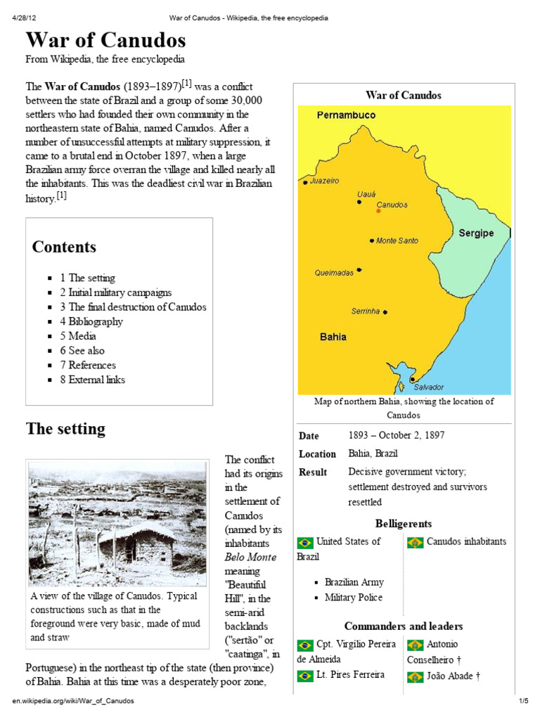 War of Canudos - Wikipedia, The Free Encyclopedia | PDF | Brazil | Military