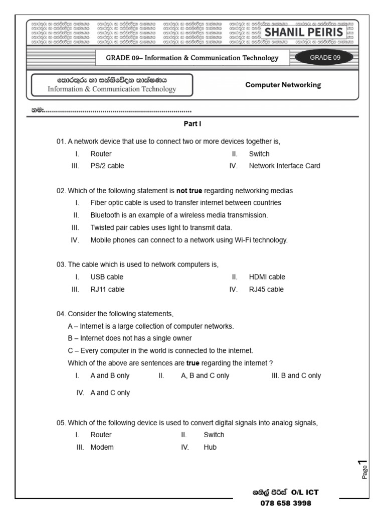 Grade 9 - Networking | PDF | Computer Network | Cable Television