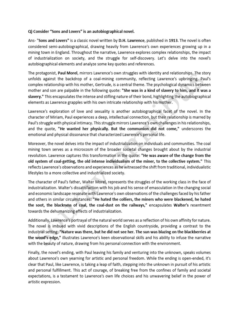Autobiographical Elements in Sons and Lovers | PDF | Sons And Lovers