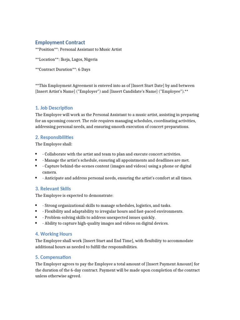 Employment Contract Personal Assistant | PDF