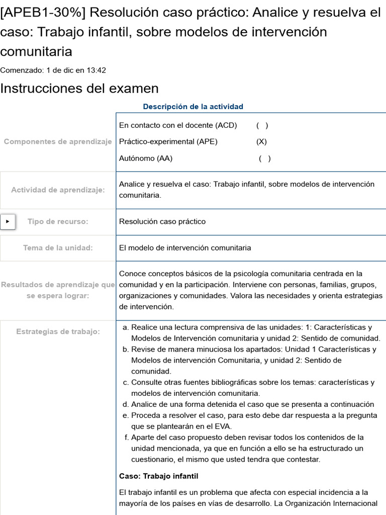 Examen - (APEB1-30%) Resolución Caso Práctico - Analice y Resuelva El Caso - Trabajo Infantil ...