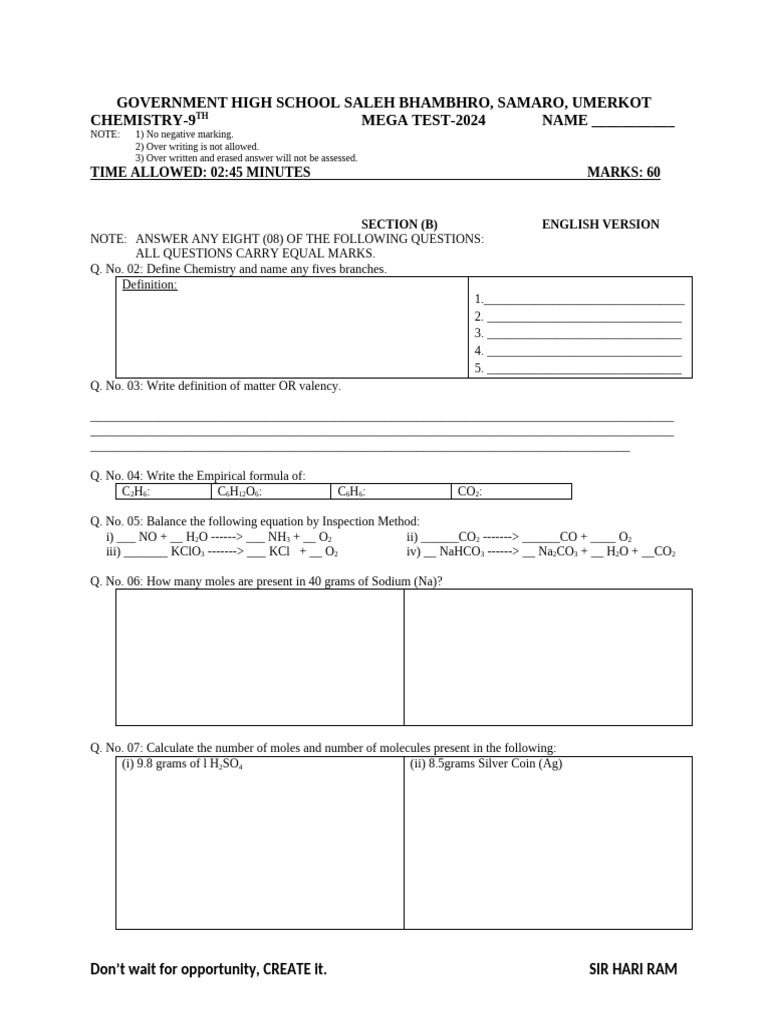 Chemistry 9th Mega Test CHPT 1-5 (English) | PDF | Chemical Bond ...