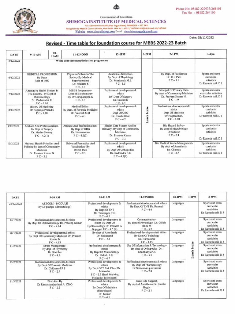 Foundation Course Time Table For MBBS Phase I 2022 Batch | PDF