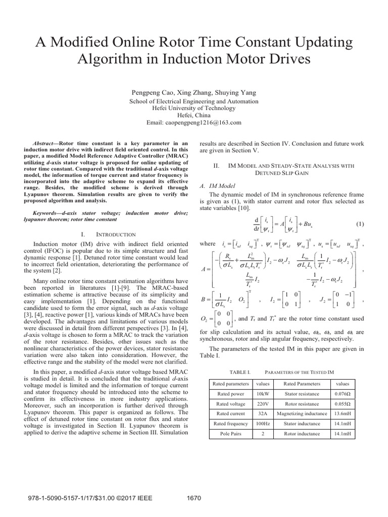 A Modified Online Rotor Time Constant Updating Algorithm in Induction Motor Drives | PDF ...