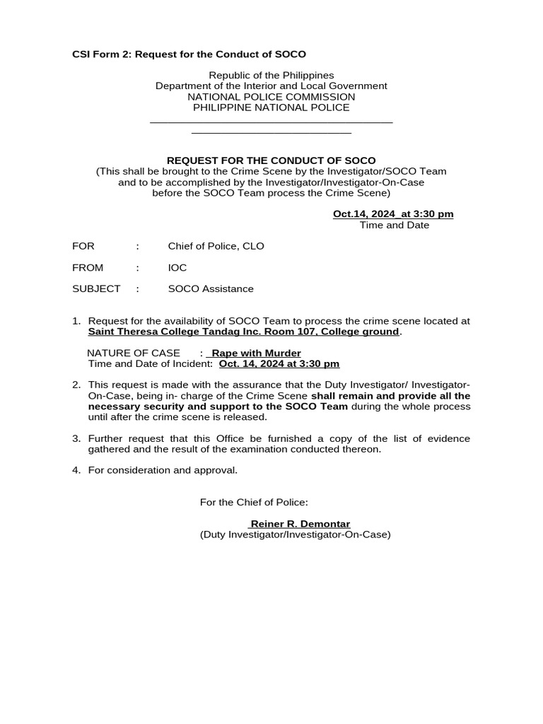 CSI Form 2 Request For The Conduct of SOCO | PDF