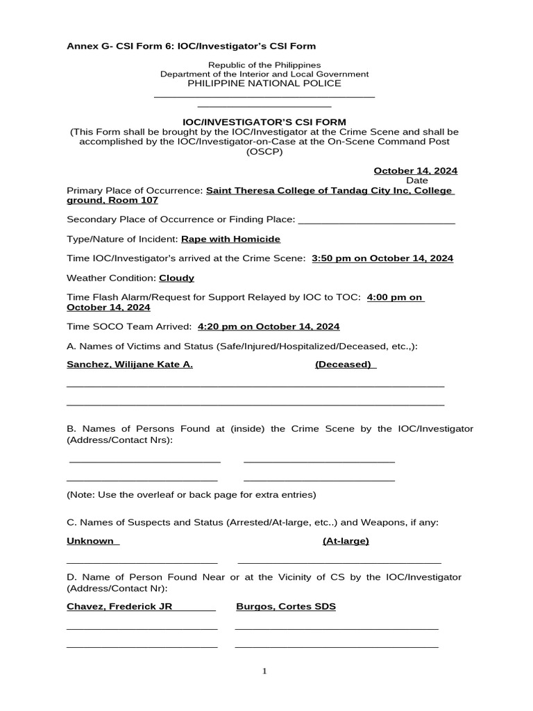 CSI Form 6 IOC - Investigators CSI Form | PDF | Crime Scene | Misconduct
