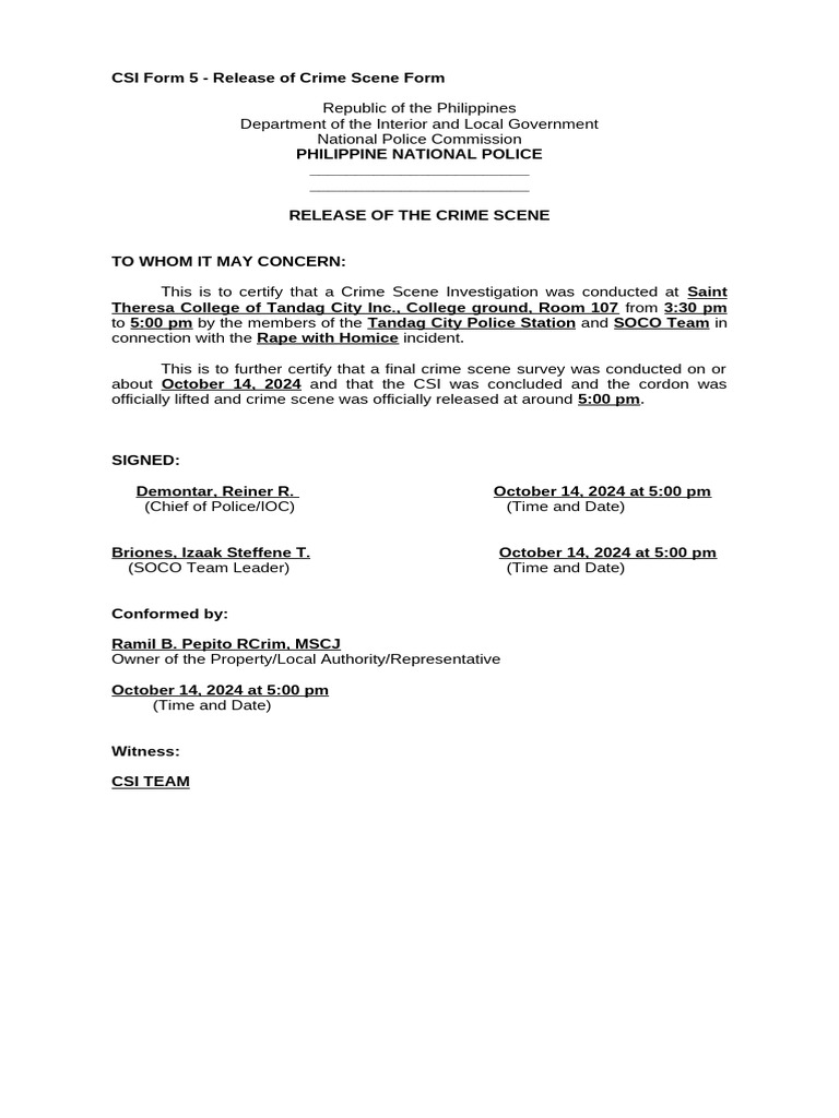 CSI Form 5 Release of Crime Scene Form | PDF