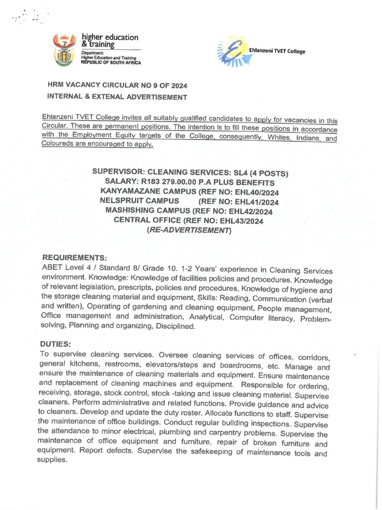 Advert For Four Supervisor Cleaning Services | PDF