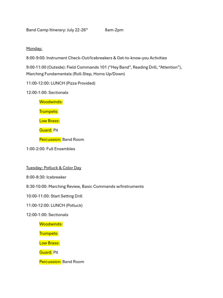 2024 Band Camp Itinerary | PDF