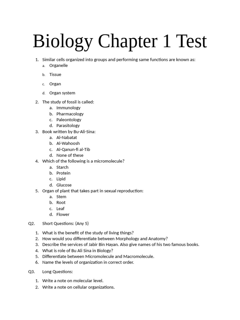 Biology Chapter 1 Test | PDF