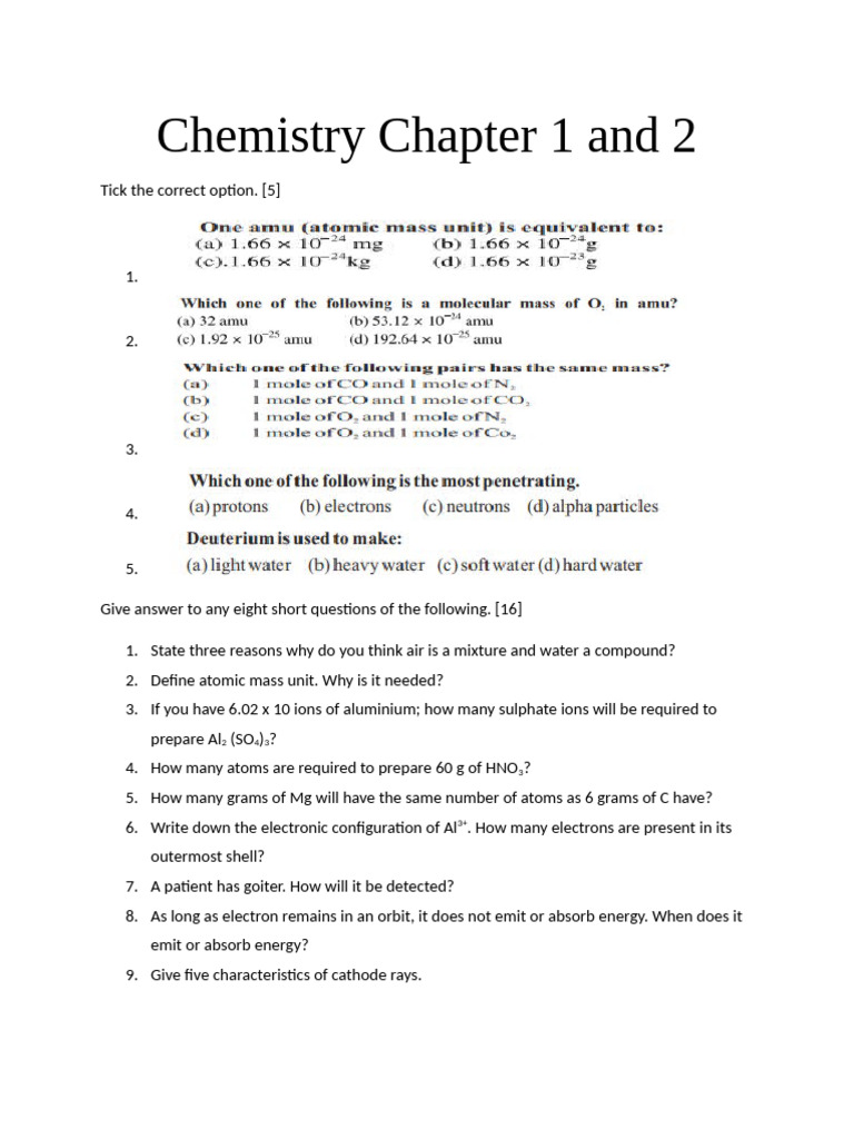 Chemistry Quiz and Short Answers | PDF