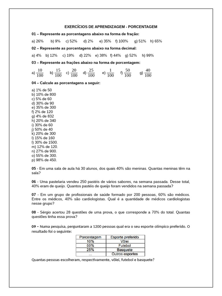 Exercícios de Aprendizagem - Porcentagem 7º Ano | PDF