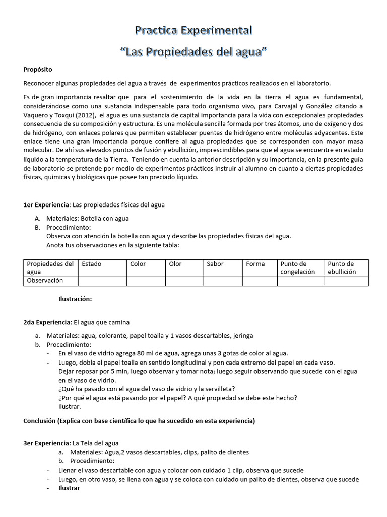 Practica Experimental Propiedades Del Agua | PDF | Propiedades del agua | Agua
