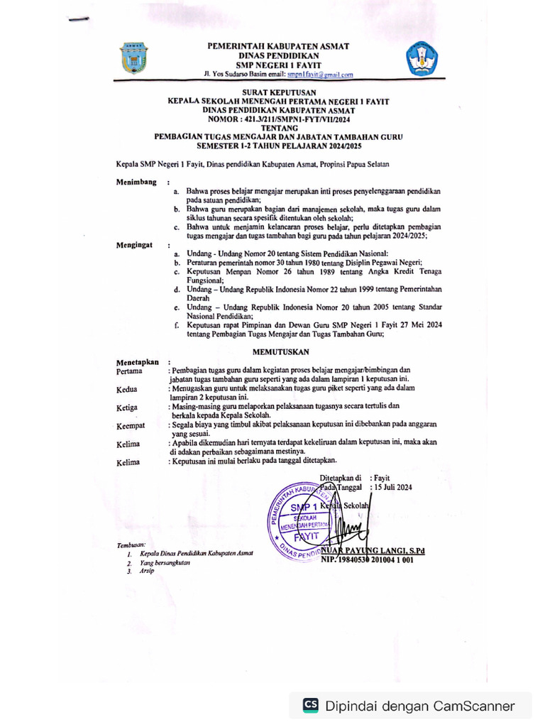 SK Pembagian Tugas 2024-2025 | PDF