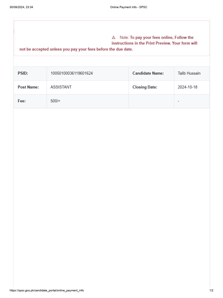 Online Payment Info - SPSC | PDF